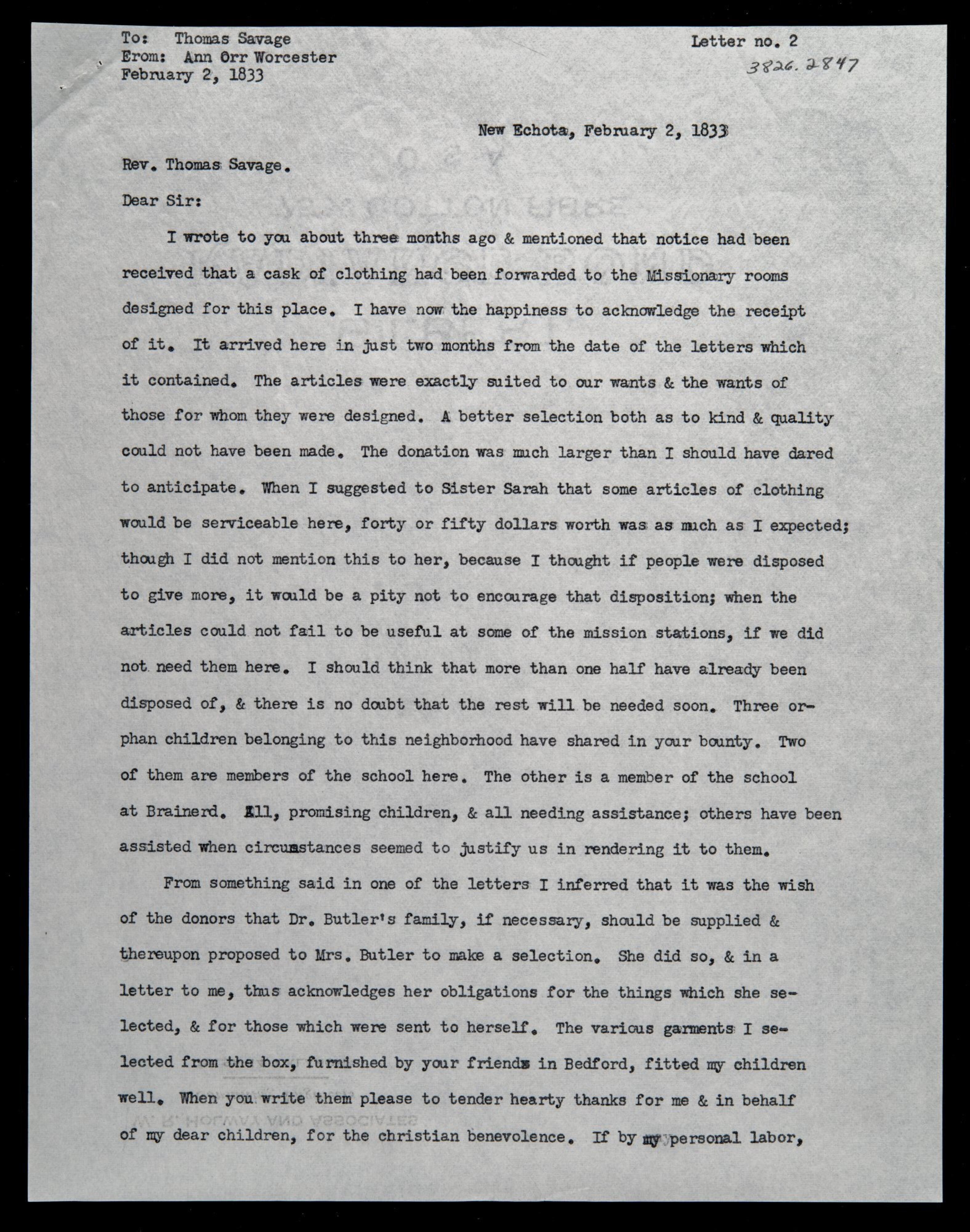 Letter From Ann Orr Worcester In New Echota To Reverend Thomas Savage Letter From Ann Orr Worcester In New Echota To Reverend Thomas Savage