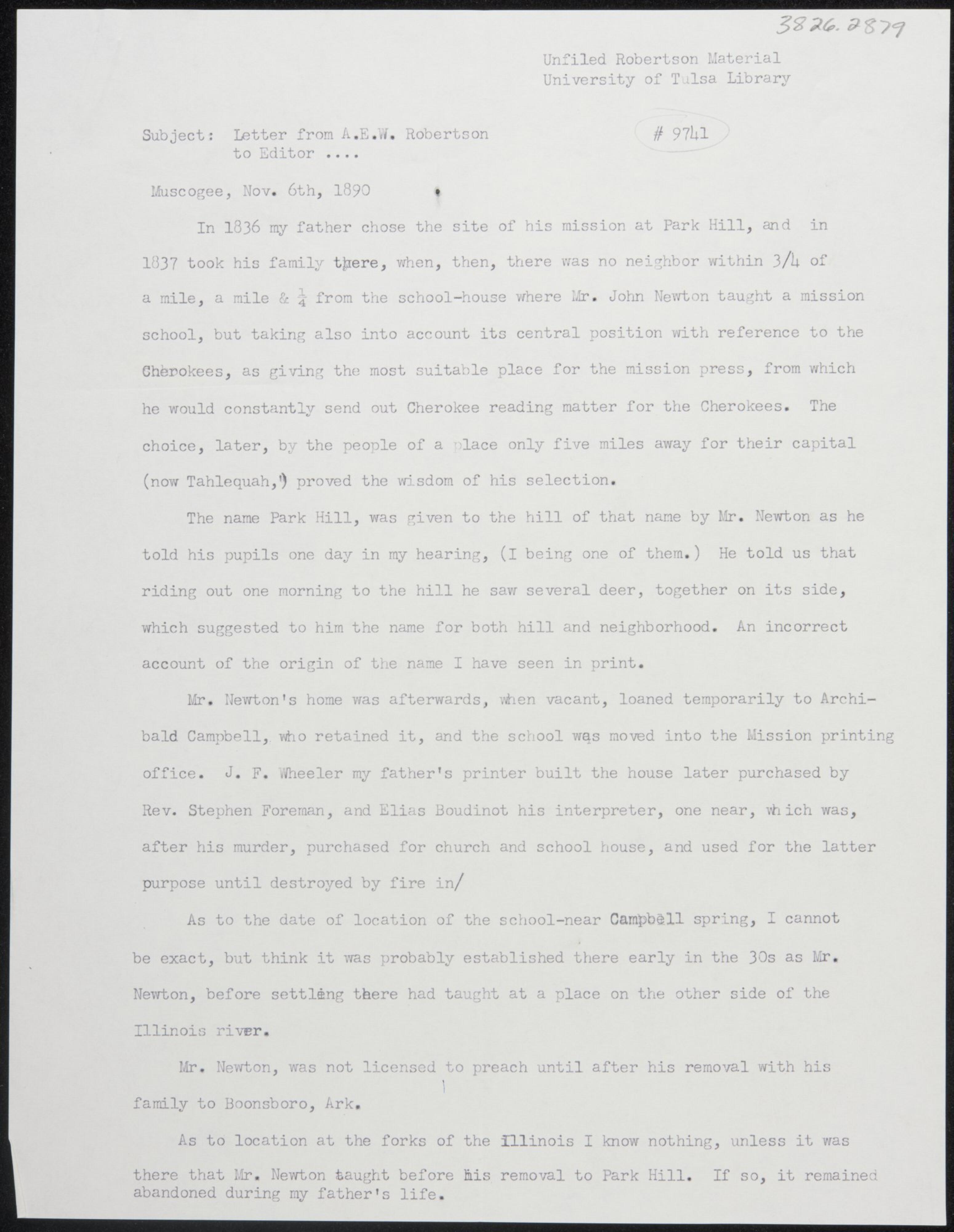 Letter From Editor To A E W Robertson Concerning The Naming Of Park Letter From Editor To A E W Robertson Concerning The Naming Of Park