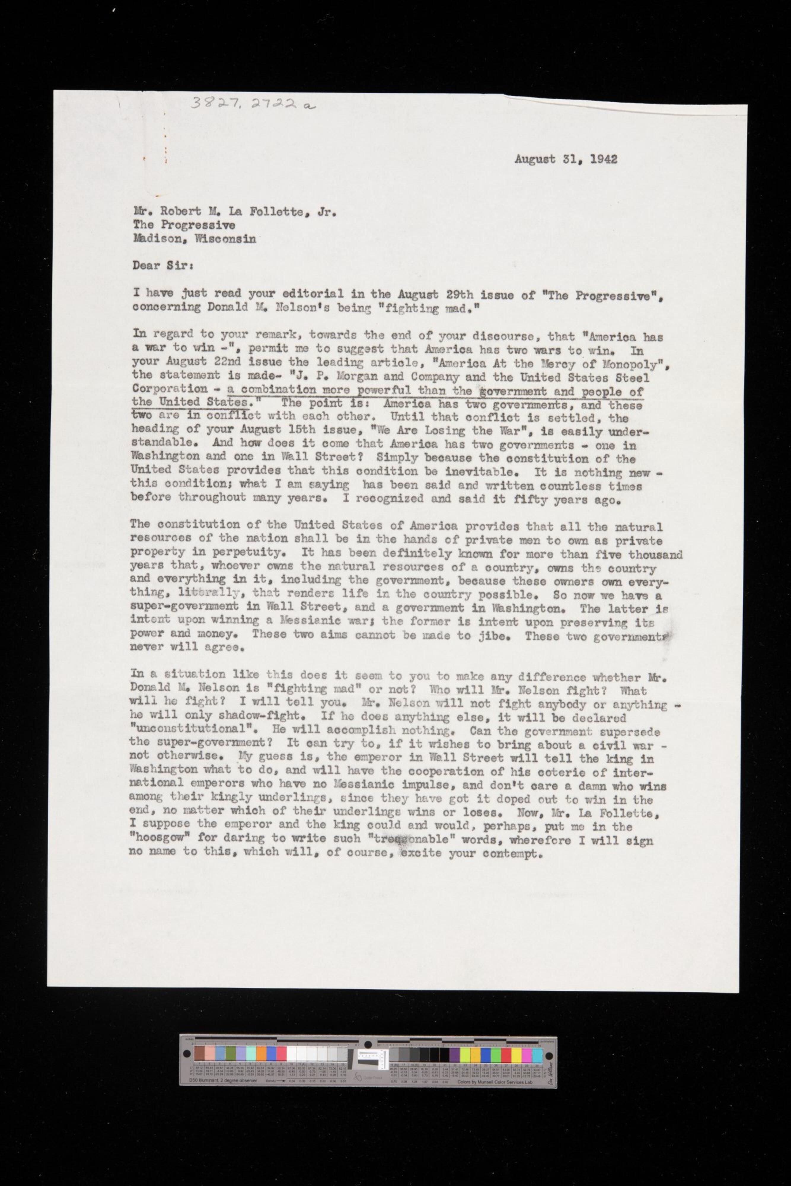 Letter to Robert M. La Follette, Jr. Madison, Wisconsin commenting on ...