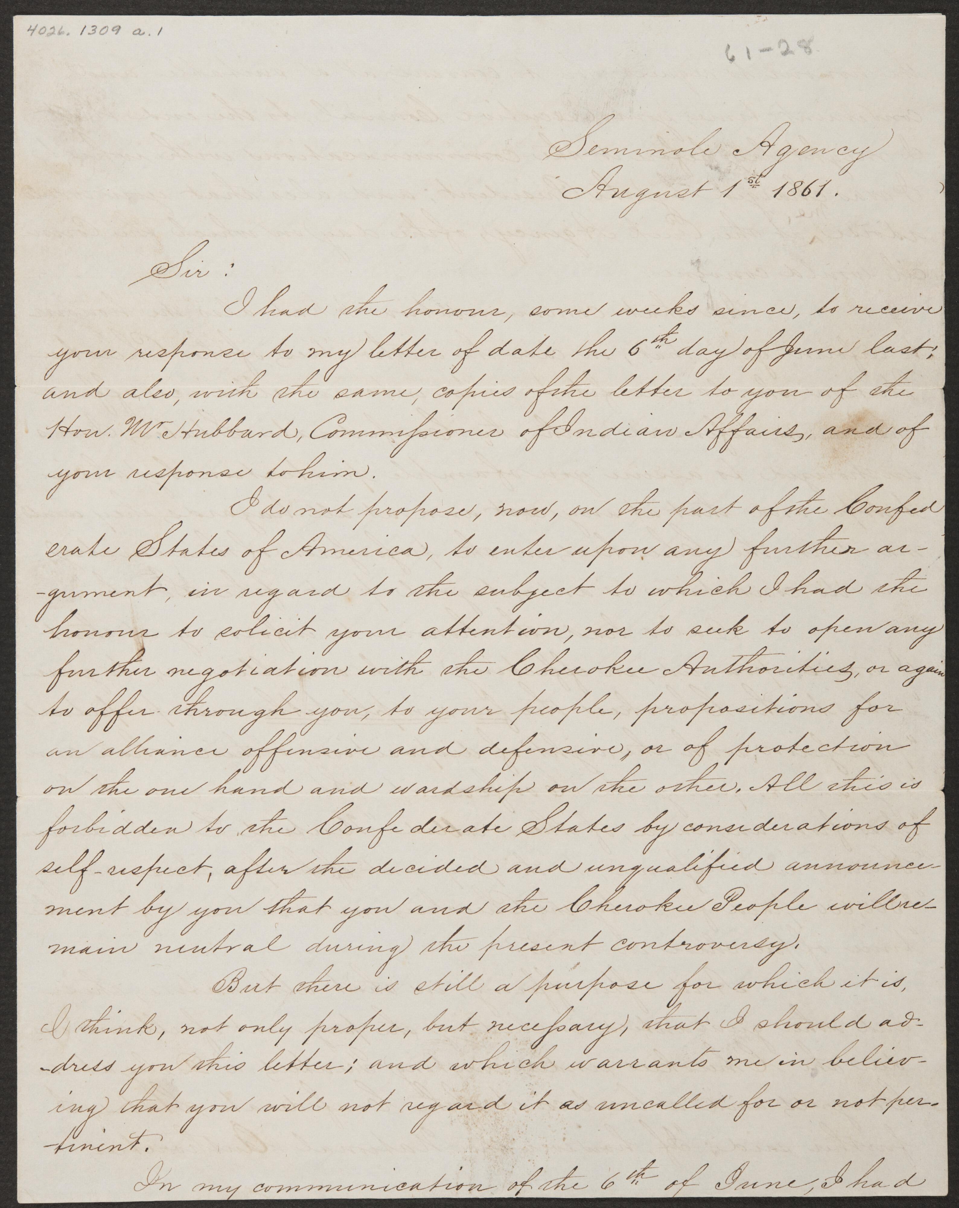 Letter from Commissioner of Confederate States to Indian Nations west ...