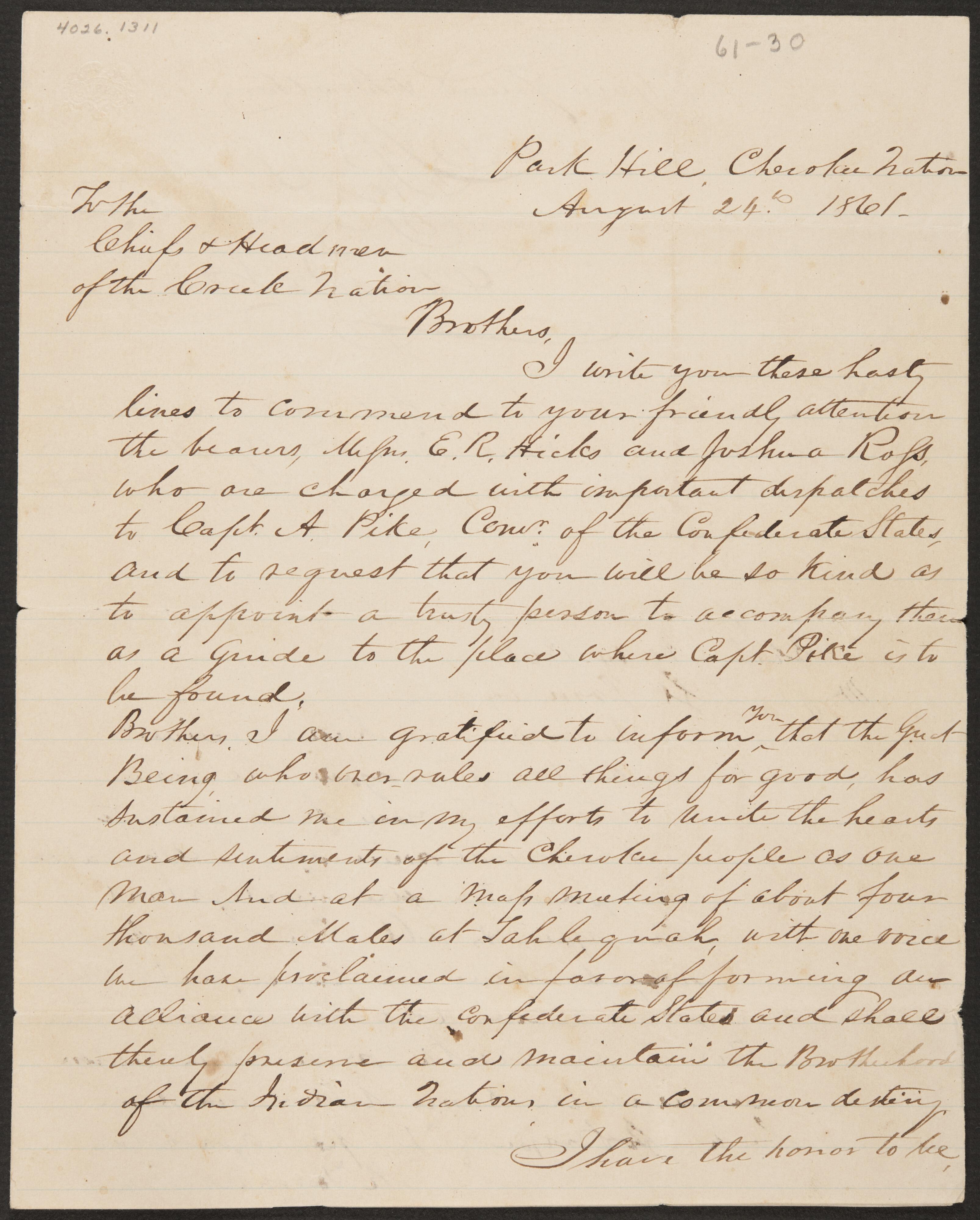 Letter from Chief John Ross to Creek Chiefs and Headmen / Chief John ...