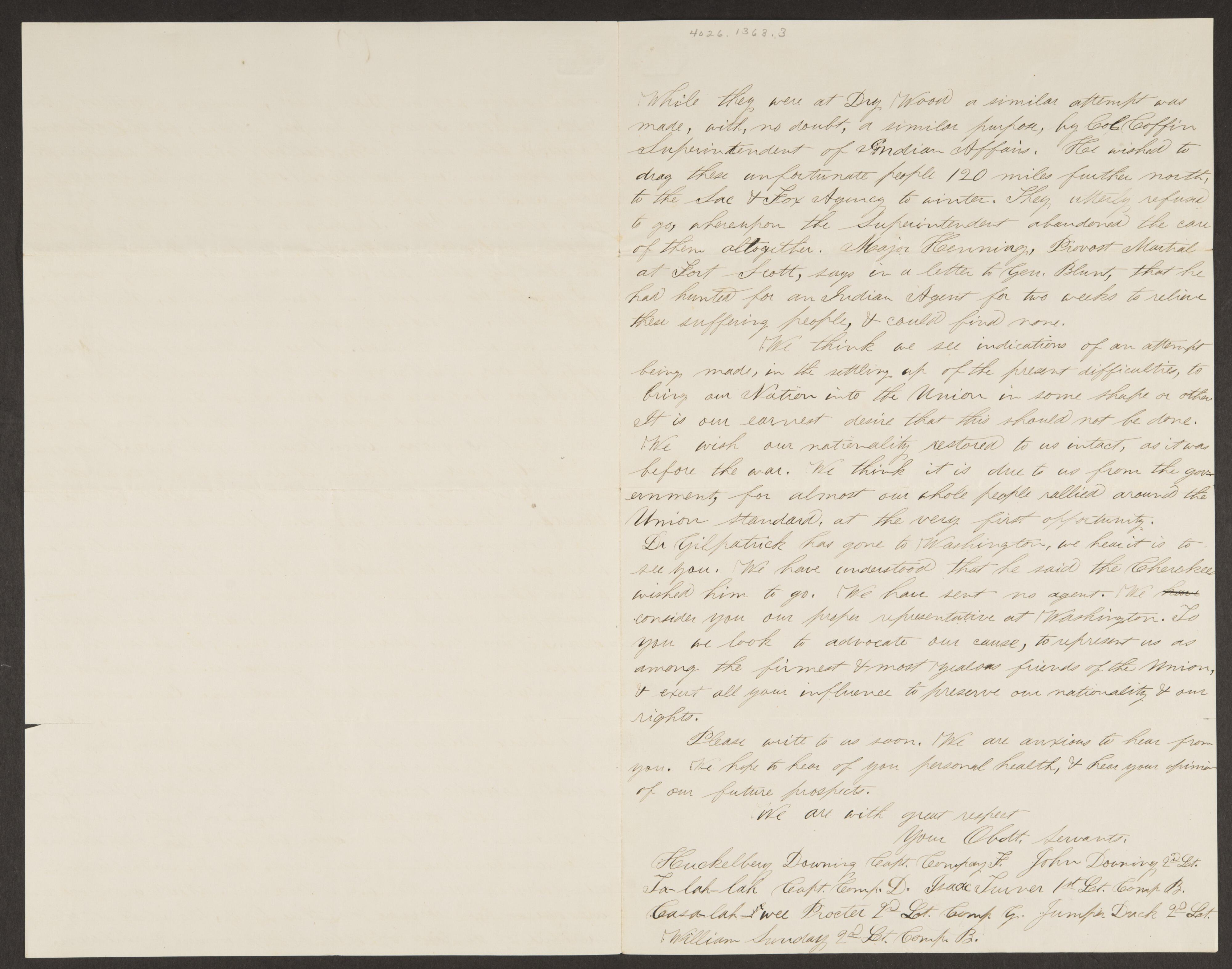 Letter from Huckleberry Downing to Chief John Ross / Huckleberry ...