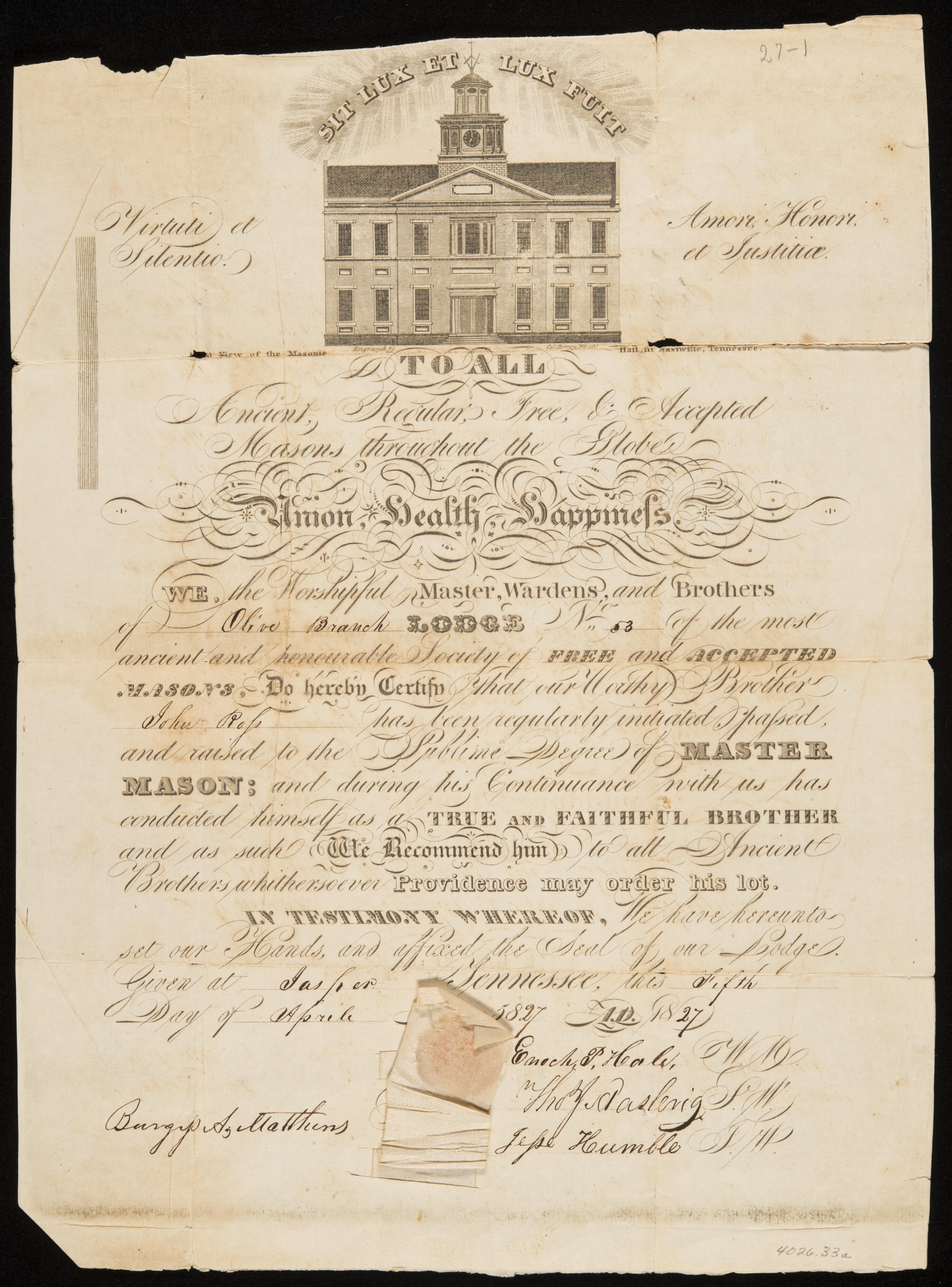 John Ross's Master Mason certificate / J. L. Hargett - Gilcrease Museum