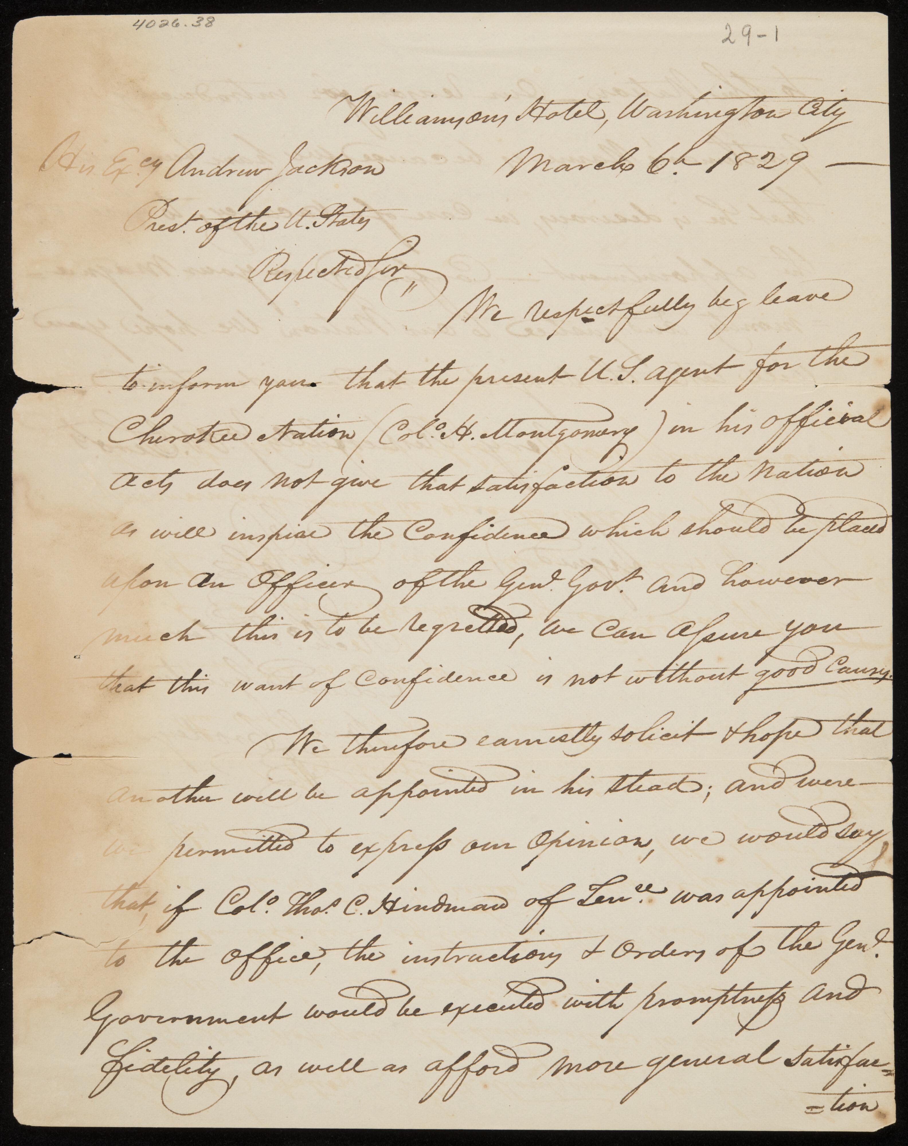 Copy of Letter from Cherokee Delegation to President Andrew Jackson ...