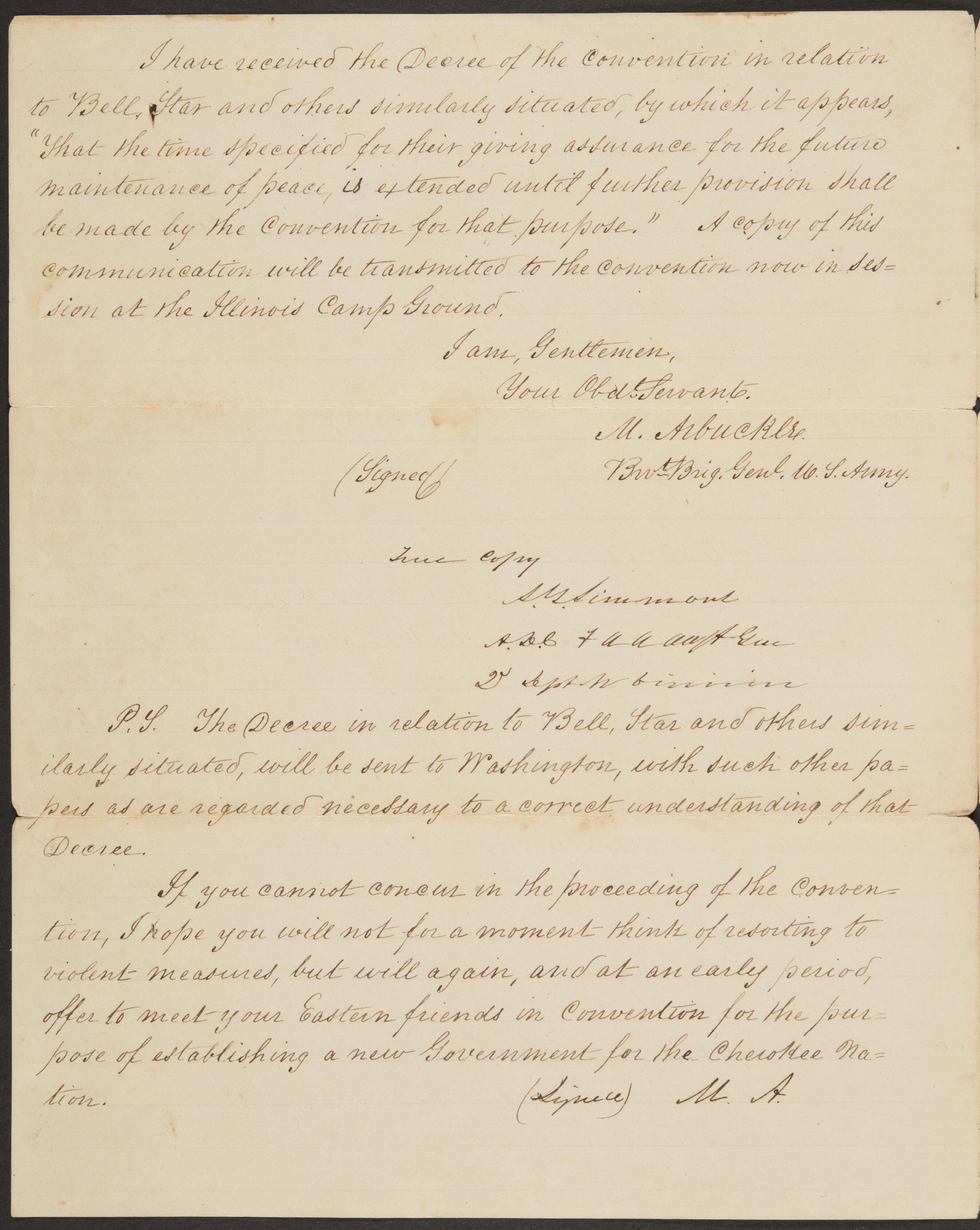 Letter from General Matthew Arbuckle to Chief John Ross / Matthew ...