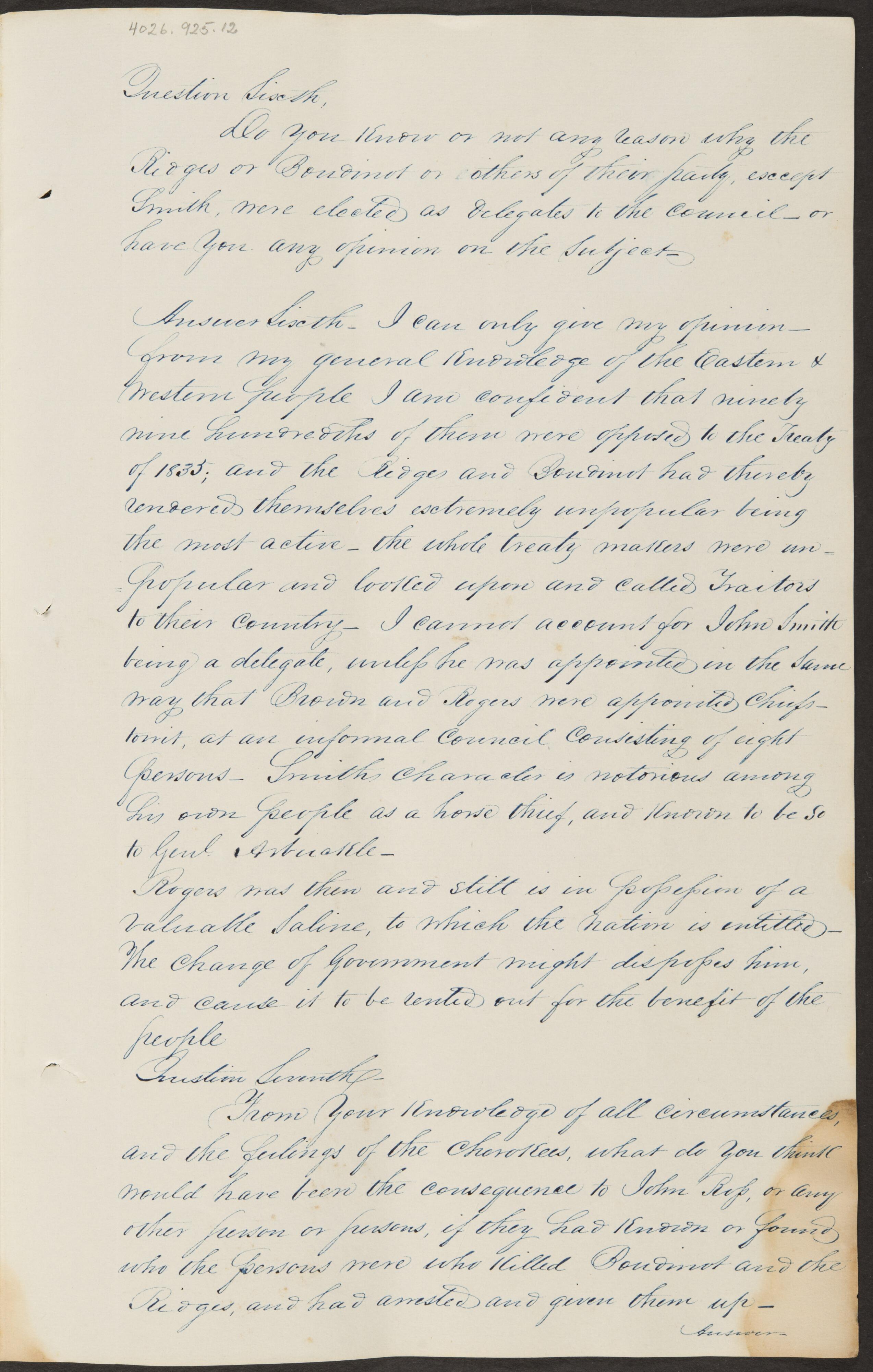 Testimony of Thomas Hindman Regarding Ridge-Boudinot Murders / J. L ...