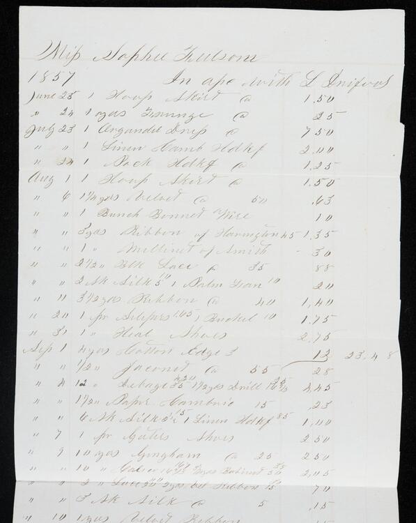 Bill to Miss Sophia Fulsom for clothing and sewing notions - Gilcrease ...