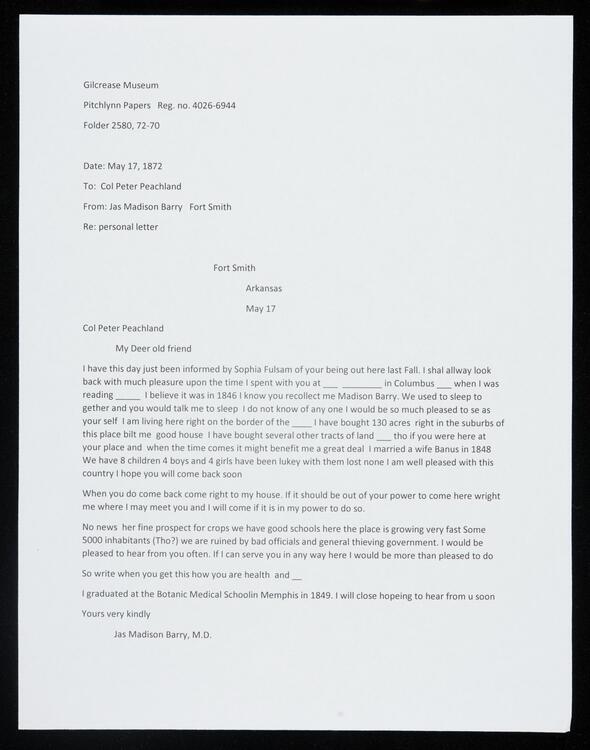 Personal letter from Jas Madison Barry to Col Peter Peachland ...