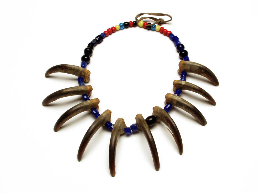 Necklace with trade beads and bear claws strung on leather / Native ...