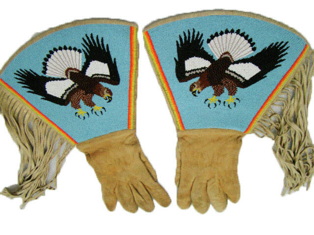Gauntlet with beaded eagle design and fringe and printed cloth lining ...