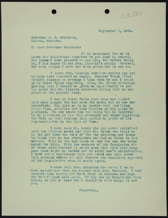 From Nancy C. Russell to Governor J. E. Erickson / Nancy C. Russell ...