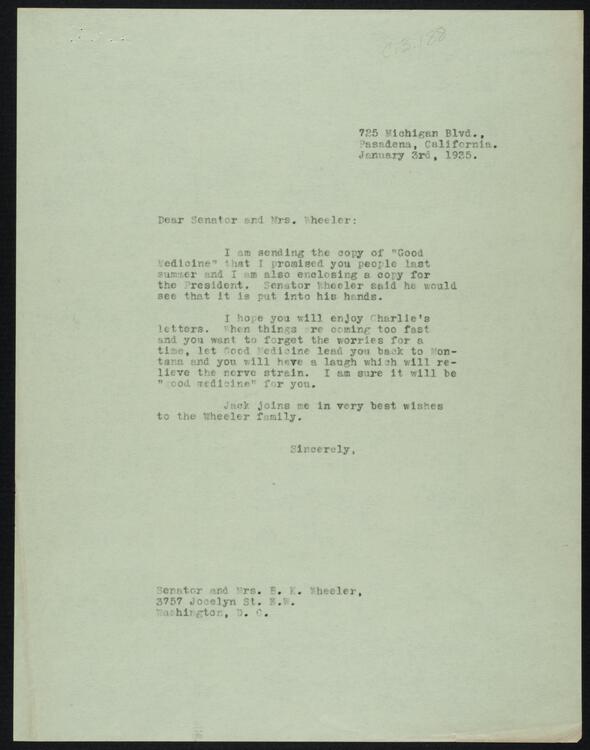 From Nancy C. Russell to Senator and Mrs. Wheeler / Nancy C Russell ...